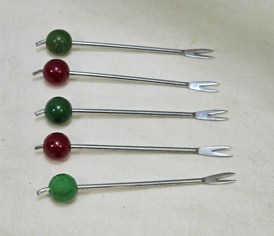 Art Deco Cocktail Forks in Chrome With Red and Green Cherry Tops, Lot ...