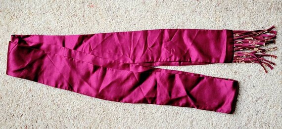 Vintage Narrow Burgundy Satin Sash, Gold Brocade Frin… - Gem