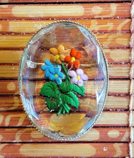 Vintage Reverse Painted Intaglio Glass Floral Violets… - Gem