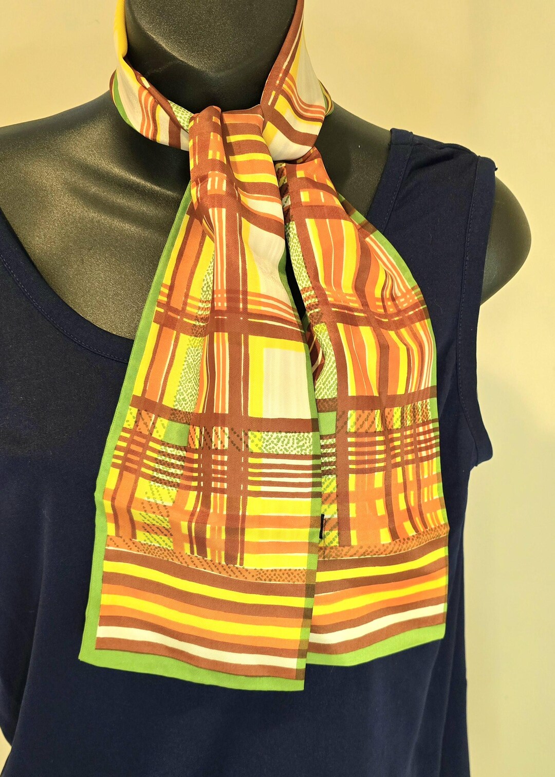 Twill Long Neck Head Scarf, Acetate Hand Printed, Orange Green Yellow ...