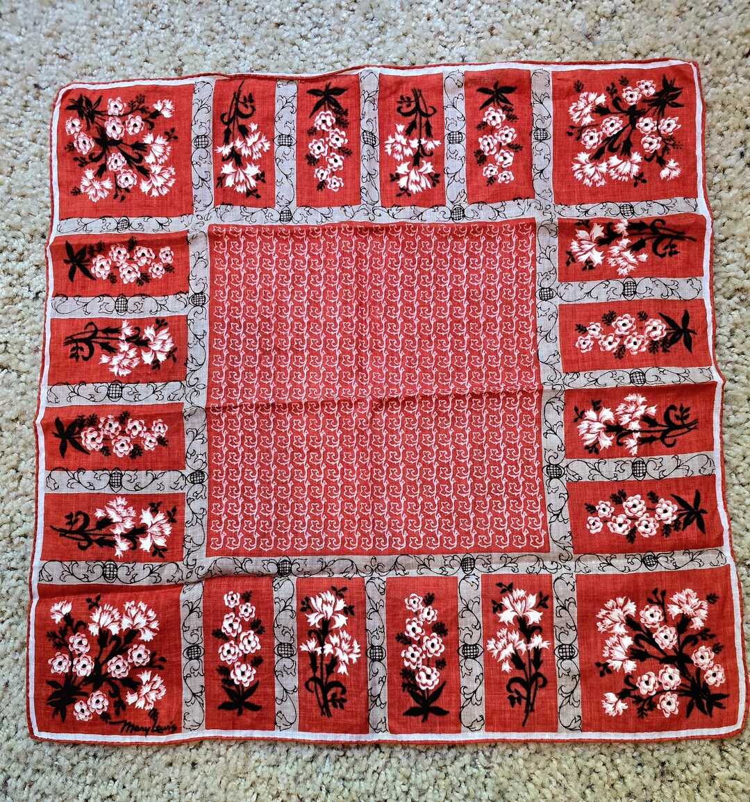 Mary Lewis Floral Handkerchief, Designer Signed in Red Gray Black and ...