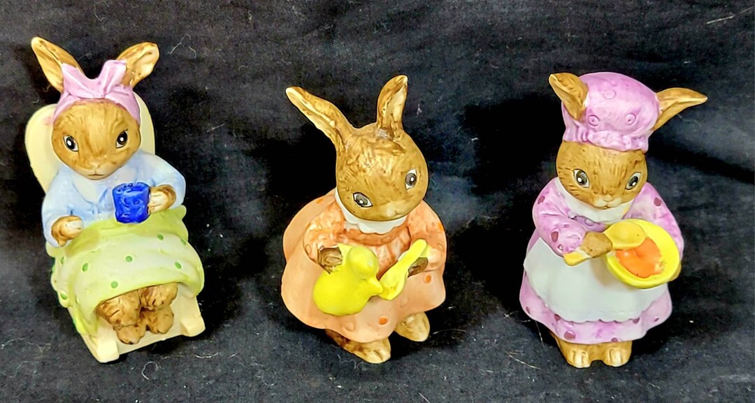 Lefton Bisque Figurines, Bunny Rabbits, Baking Cooking and Sipping Tea ...