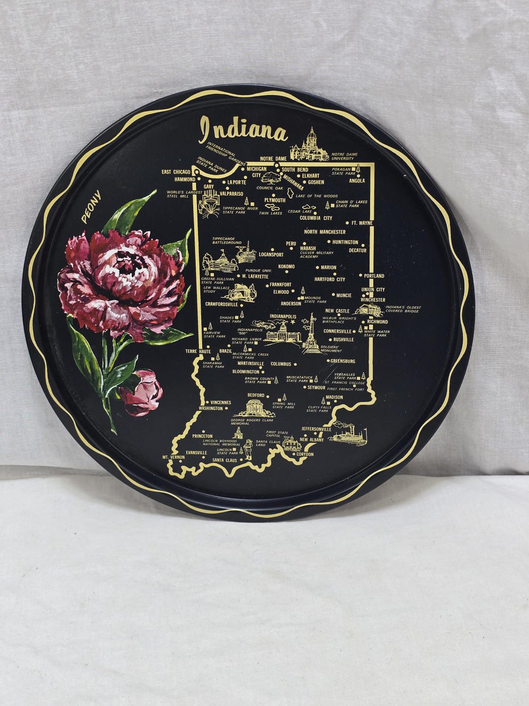 Vintage Black Metal Indiana State Souvenir Tray, Round Plate Map Peony ...