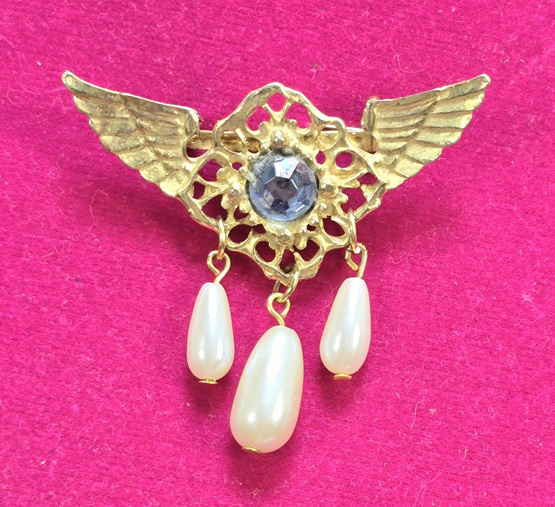 Gold Clad Angel Flying Wings Pearls Rhinestone Brooch Lapel Pin With ...