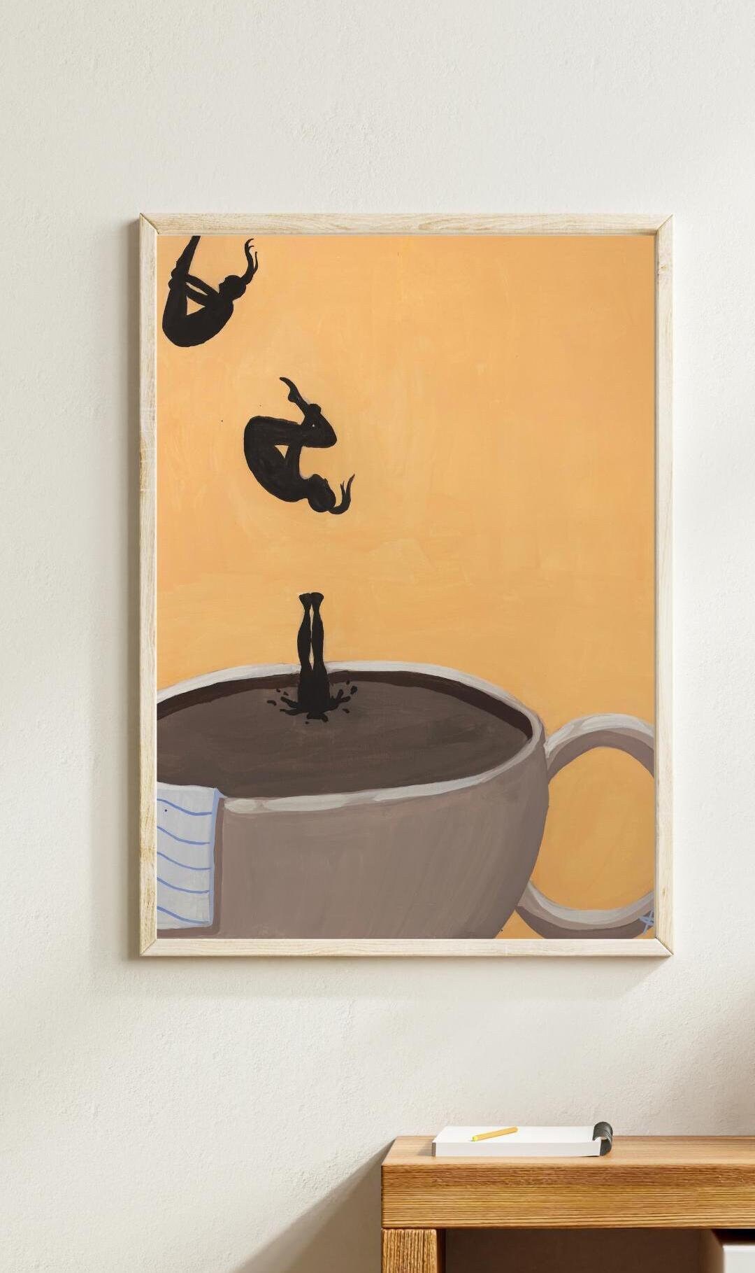 Gouache Painting | Fine Art Print: Woman Diving Into a Coffee Cup ...
