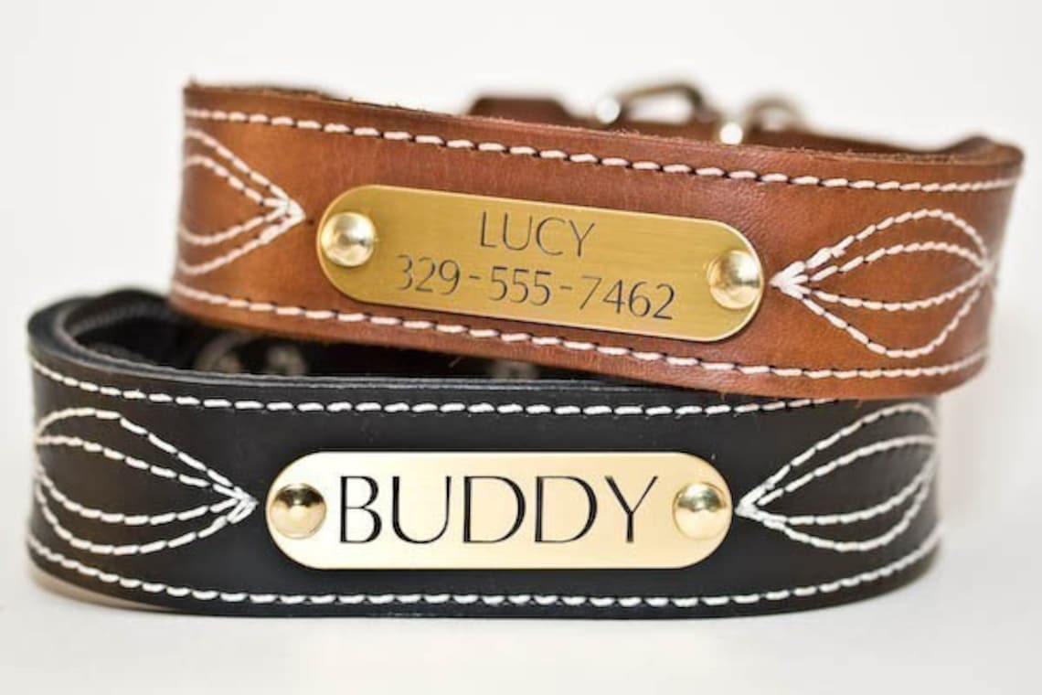 Engraved Leather Name Plate Dog Collar Custom Dog Collar - Etsy