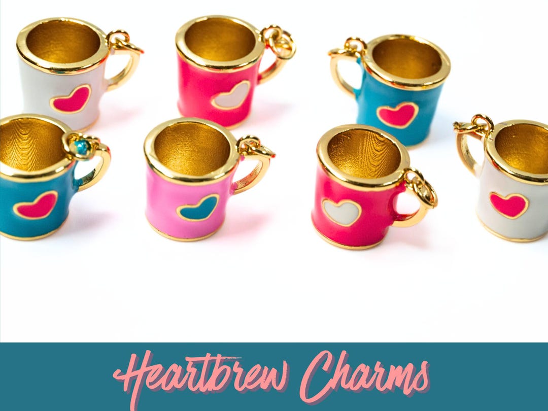 Coffee Mug Charms With Heart Design and Bold Colors Gold Plated Tea Cup ...