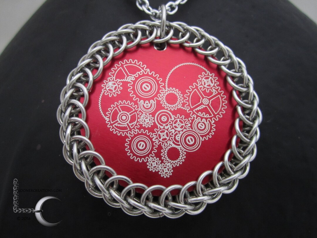 Chainmaille Necklace Red and Silver Gear Heart Steampunk Chainmaille ...