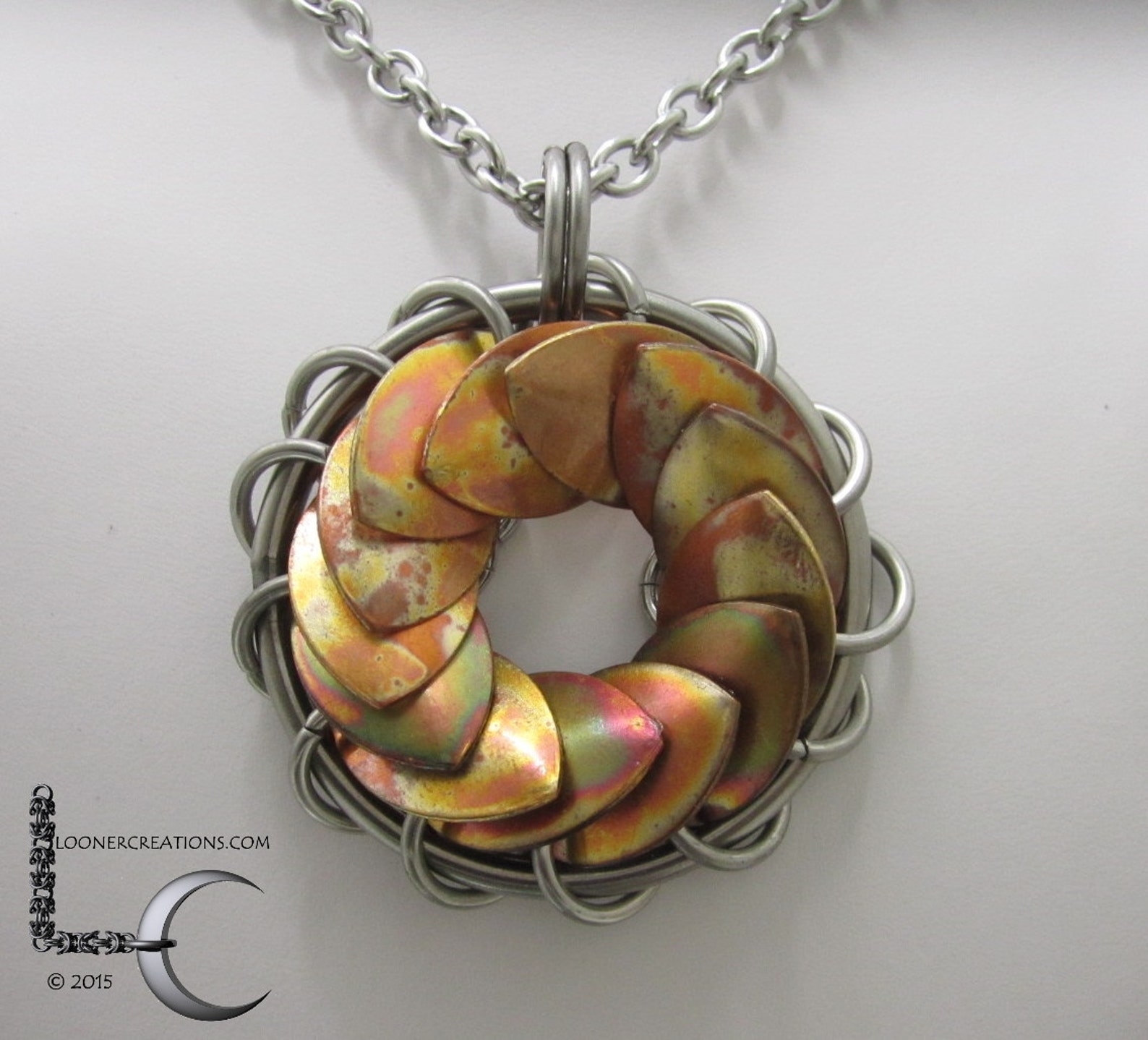 Chainmaille Necklace Flame Painted Copper Steampunk Scalemaille Turbine ...