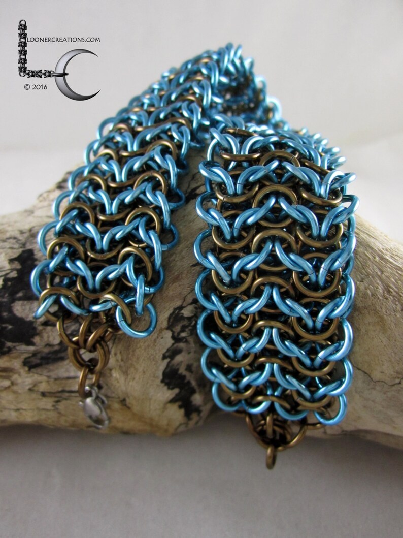 Chainmaille Bracelet Elfsheet Weave in Sky Blue and Bronze Anodized ...
