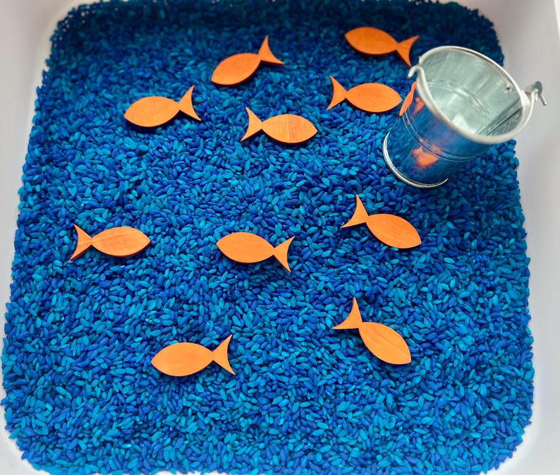 Fish Pond Rice Sensory Bin Filler With Toy Fish & Bucket – Sensory Play ...