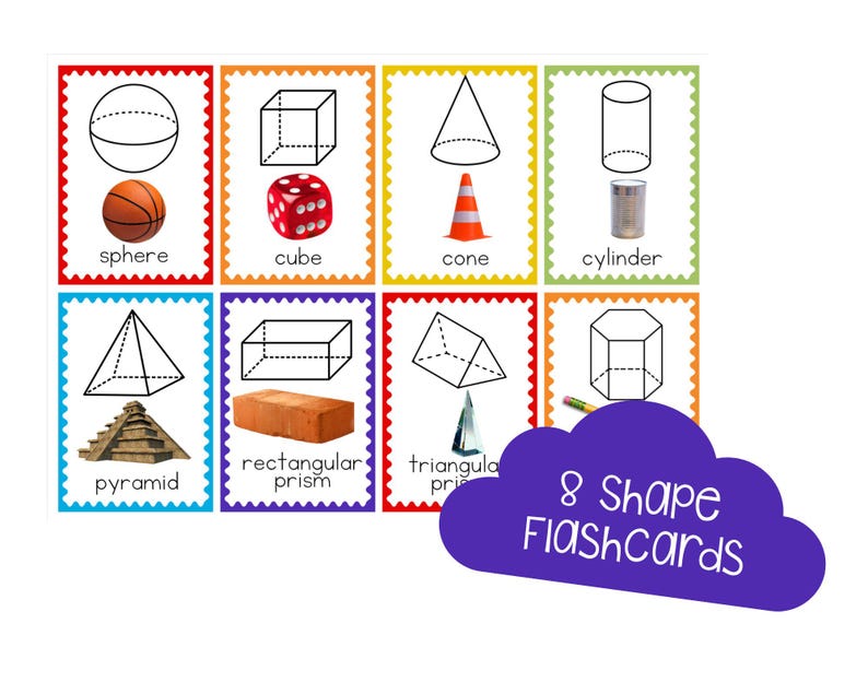 3D Shape Flashcards for Kids | Printable Geometry Cards | Preschool ...