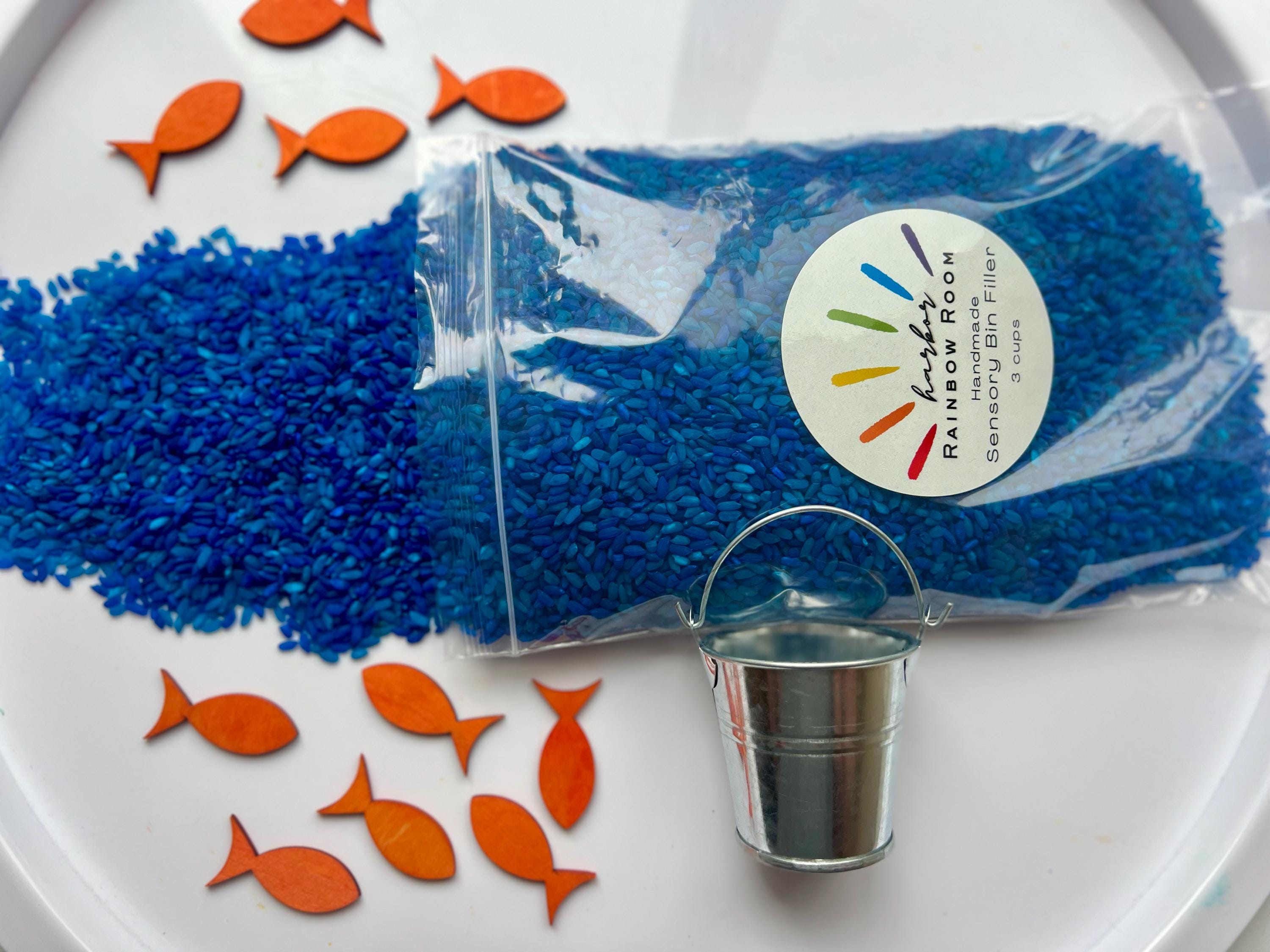 Fish Pond Rice Sensory Bin Filler With Toy Fish & Bucket – Sensory Play ...