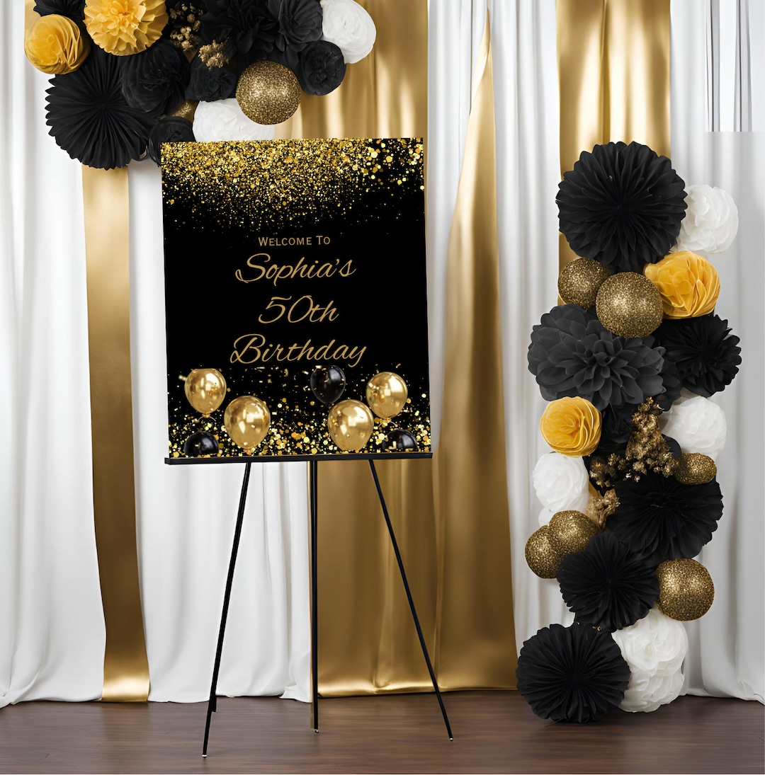 Elegant Black and Gold Welcome Sign Customizable for Any Age - Etsy