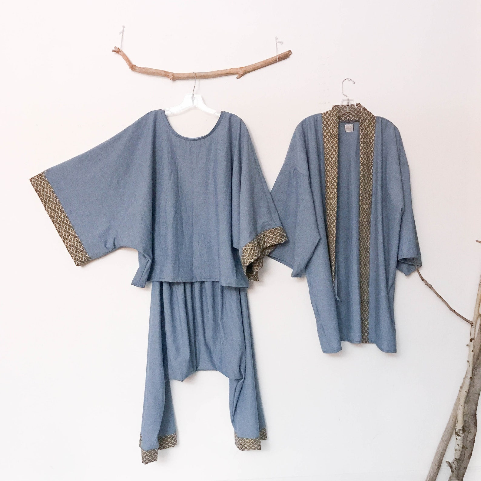 Custom Small Wave Denim Outfit Top Harem Pants and Haori - Etsy