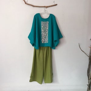 Made to Order Oversized Turquoise Linen Top With Vintage Kimono Panel ...