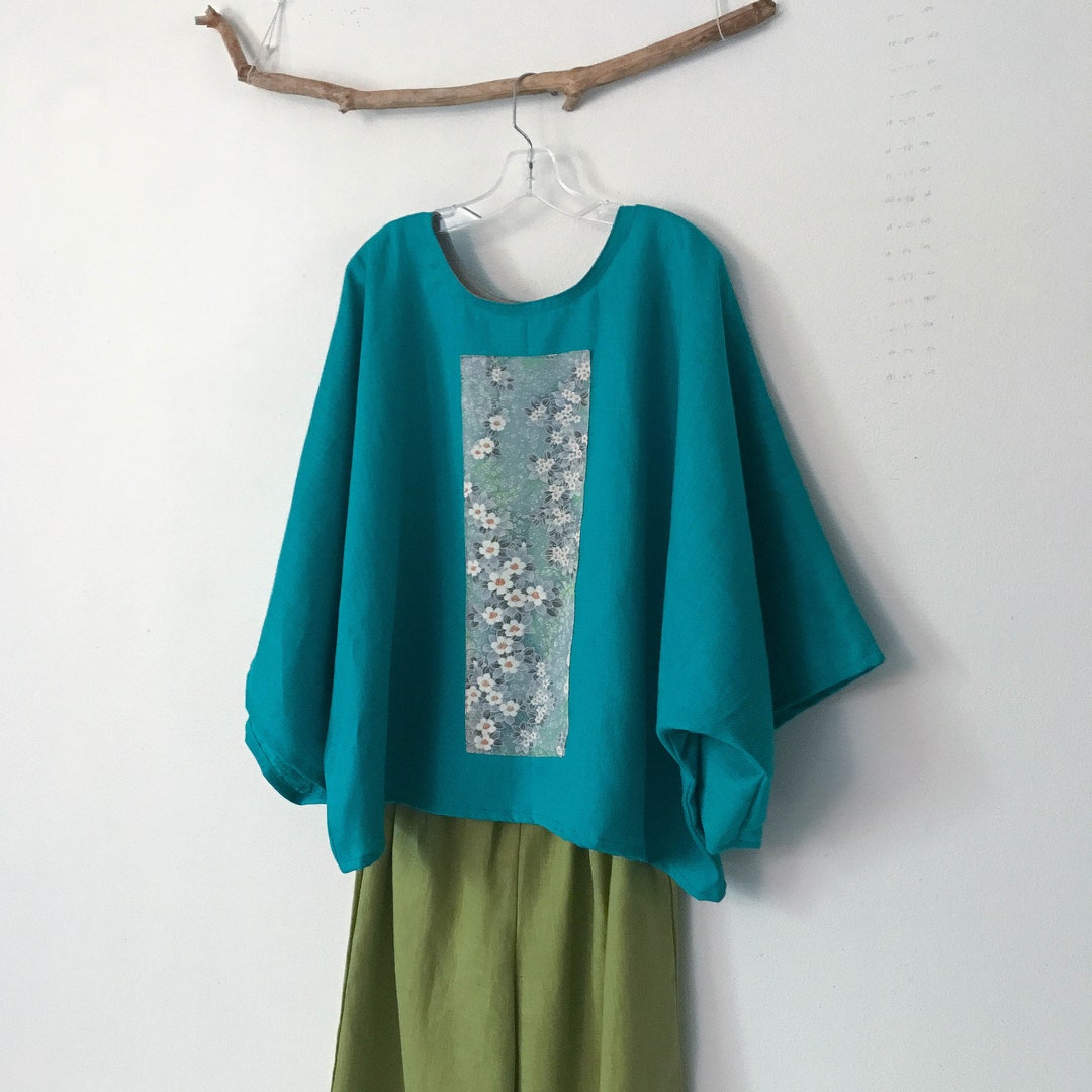 Made to Order Oversized Turquoise Linen Top With Vintage Kimono Panel ...