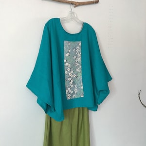 Made to Order Oversized Turquoise Linen Top With Vintage Kimono Panel ...