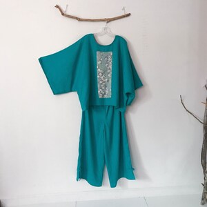 Made to Order Oversized Turquoise Linen Top With Vintage Kimono Panel ...