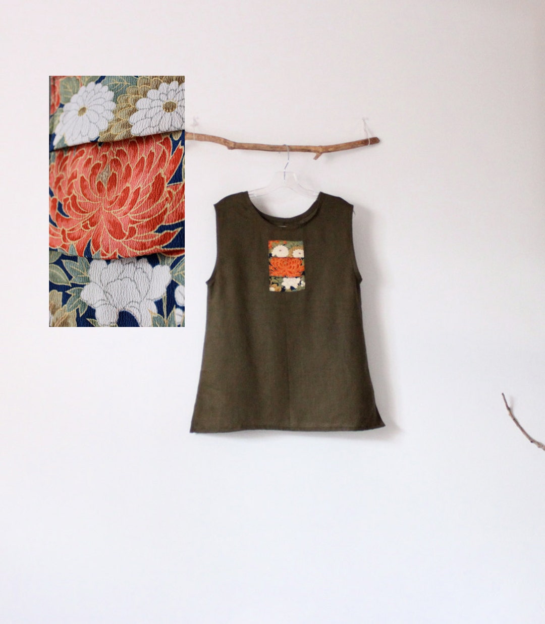 Free US Shipping Olive Linen Top With Floral Kimono Silk Motif Size M ...