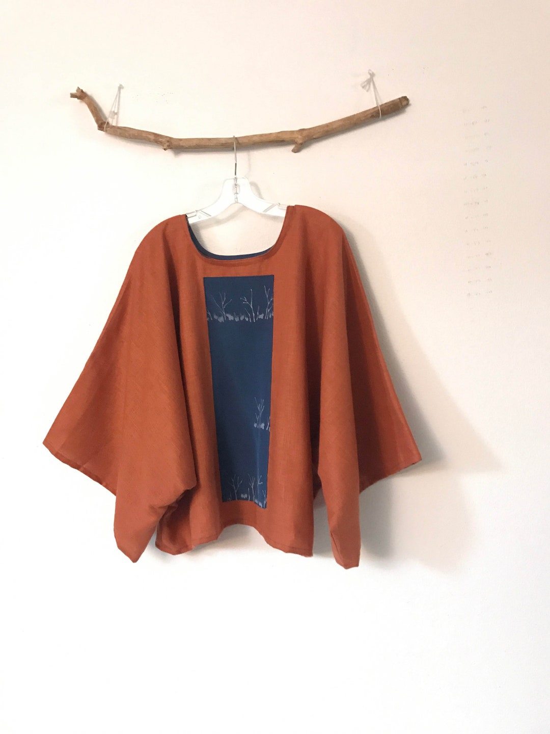 Oversized Rust Linen Top With Vintage Kimono Panel Shoulder Seamless ...