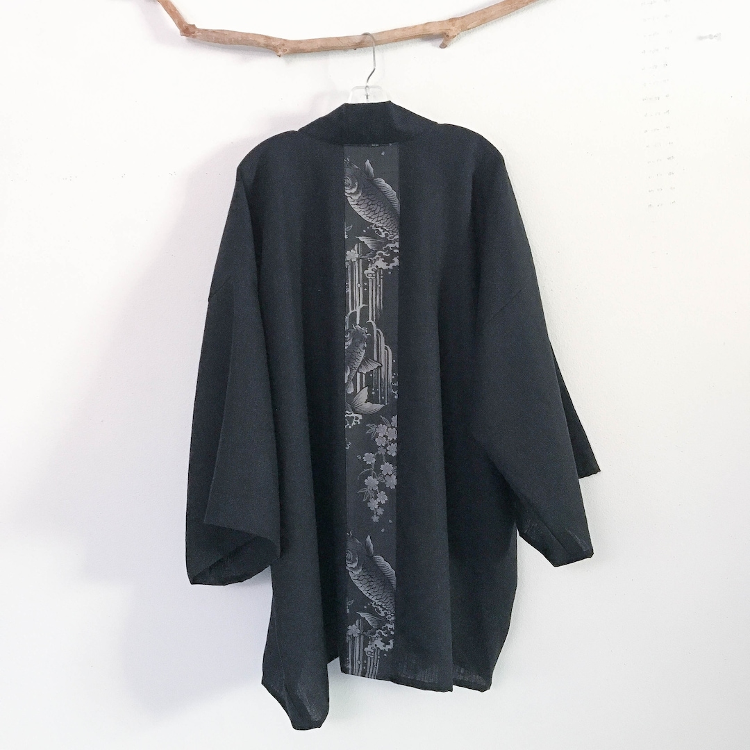 Made to Order Koi Fish Motif on Black Heavy Weight Linen Haori Inspired ...