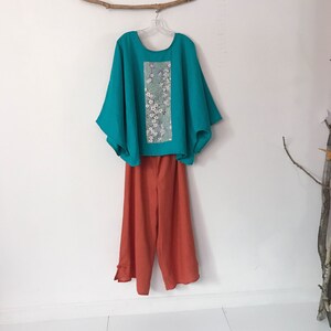 Made to Order Oversized Turquoise Linen Top With Vintage Kimono Panel ...