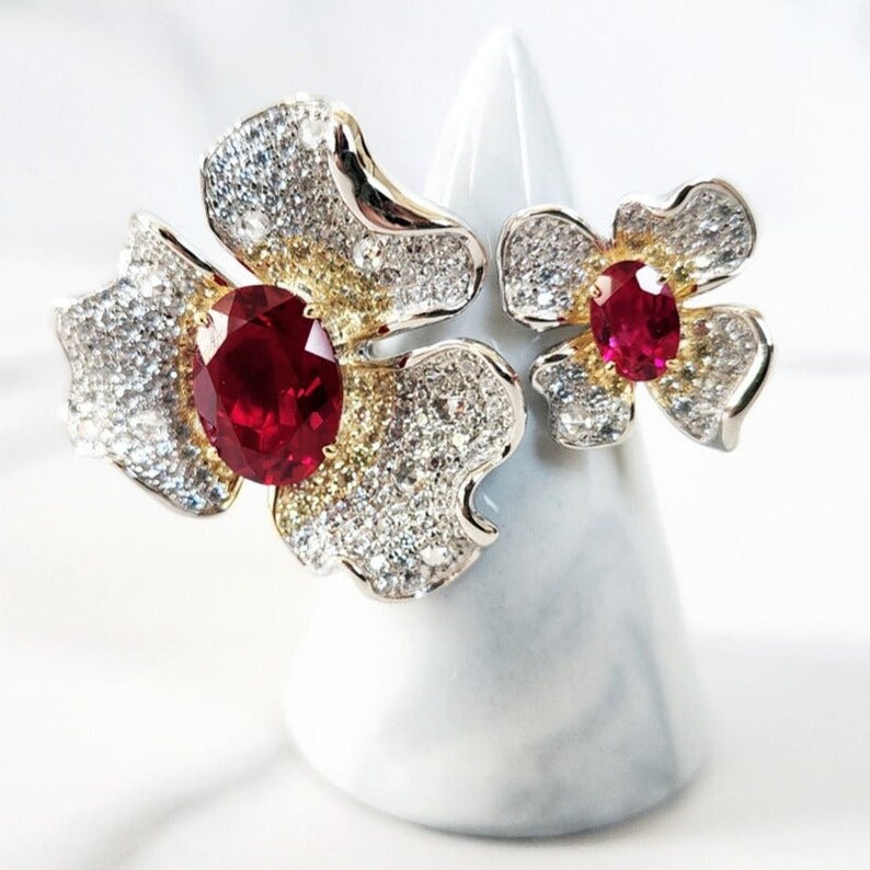 Sterling Silver Ruby Double Flower Ring - Etsy