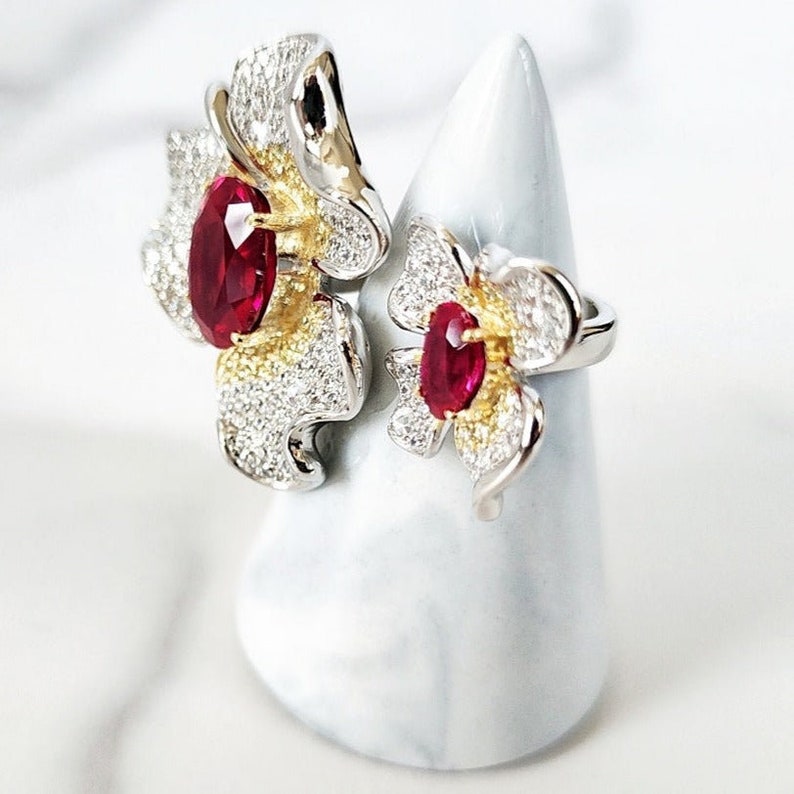 Sterling Silver Ruby Double Flower Ring - Etsy