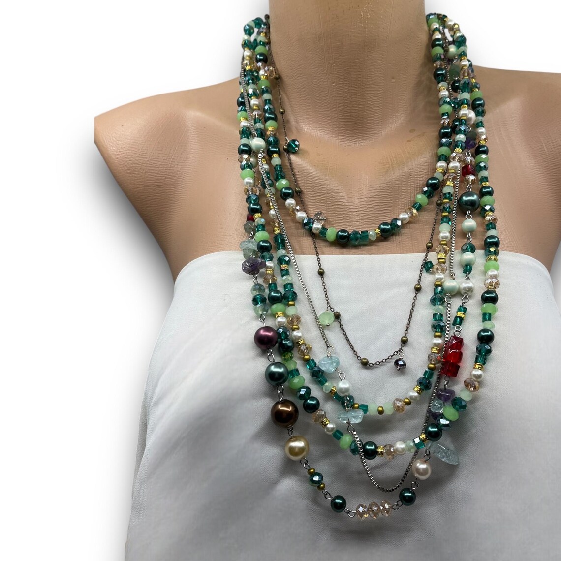 Handmade , Boho Style Chic, Multi Strand Layered Green and Burgundy ...