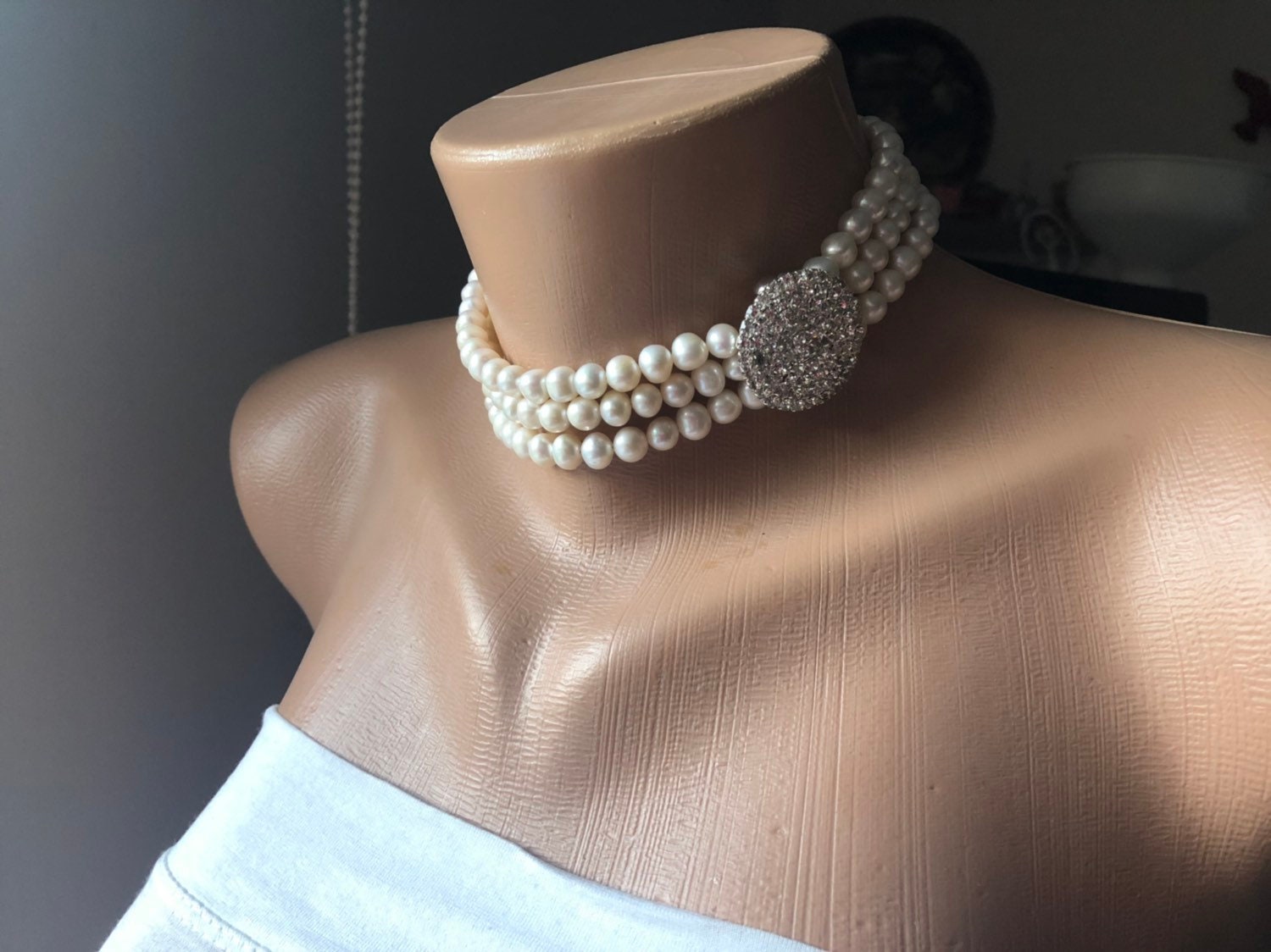Freshwater Pearl Collar With Rhinestone Brooch | Etsy
