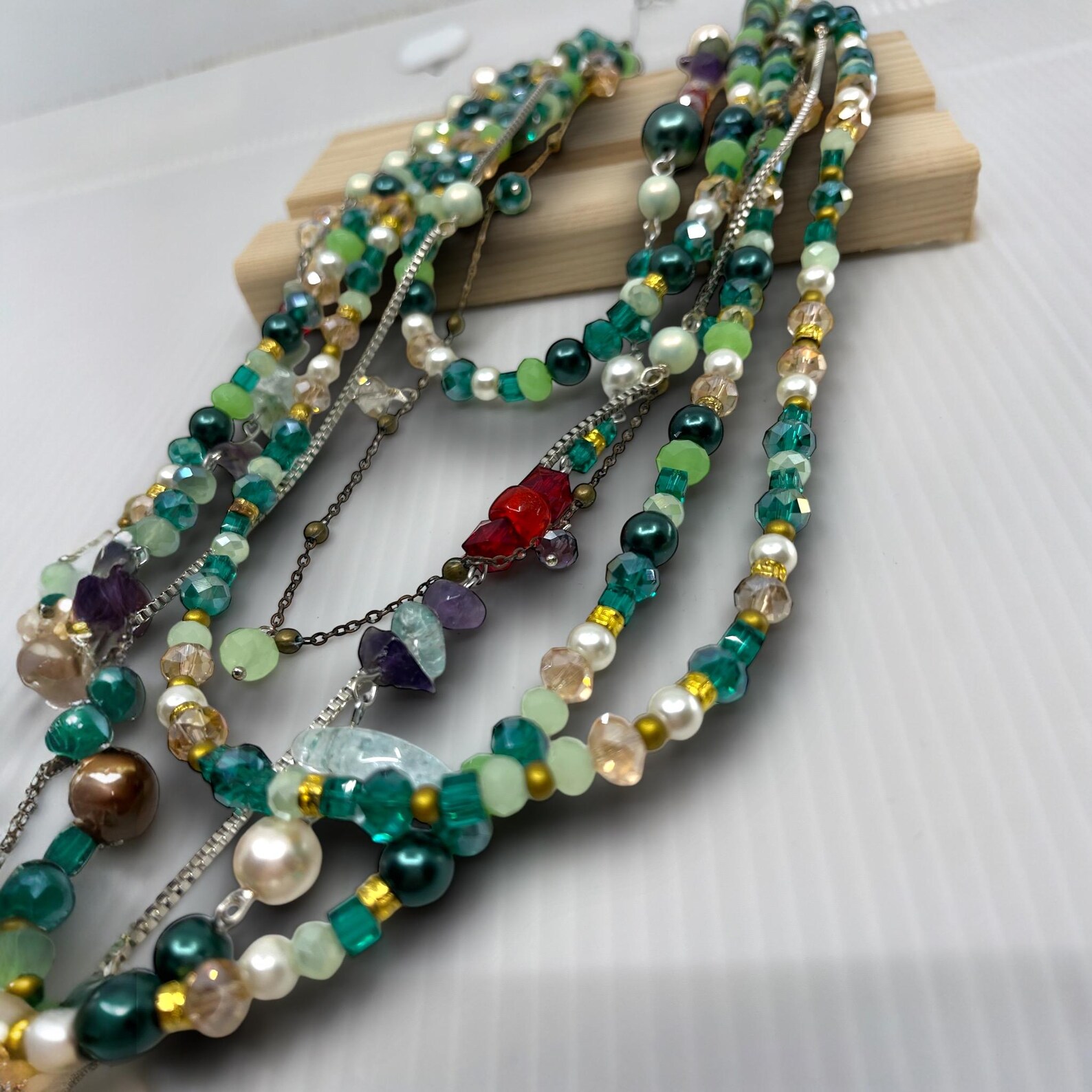 Handmade , Boho Style Chic, Multi Strand Layered Green and Burgundy ...