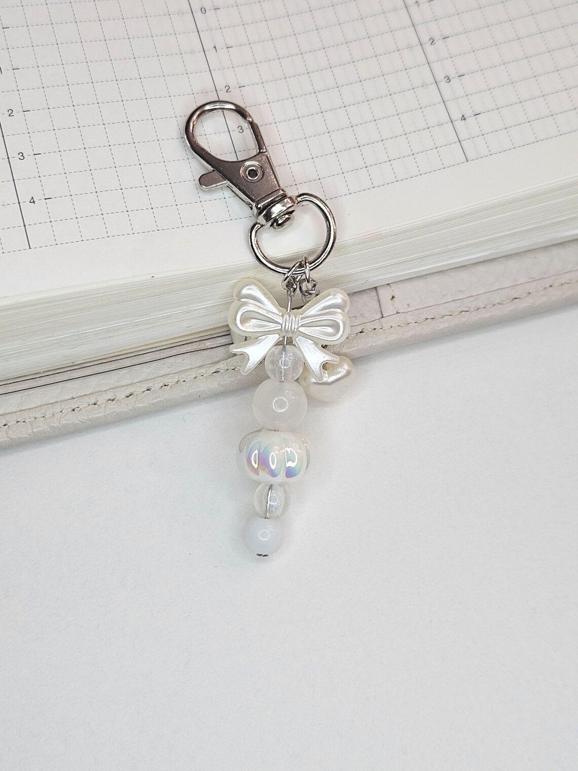 White Keychain, Beaded Dangle Charm, Planner/journal Keychain, Handmade ...