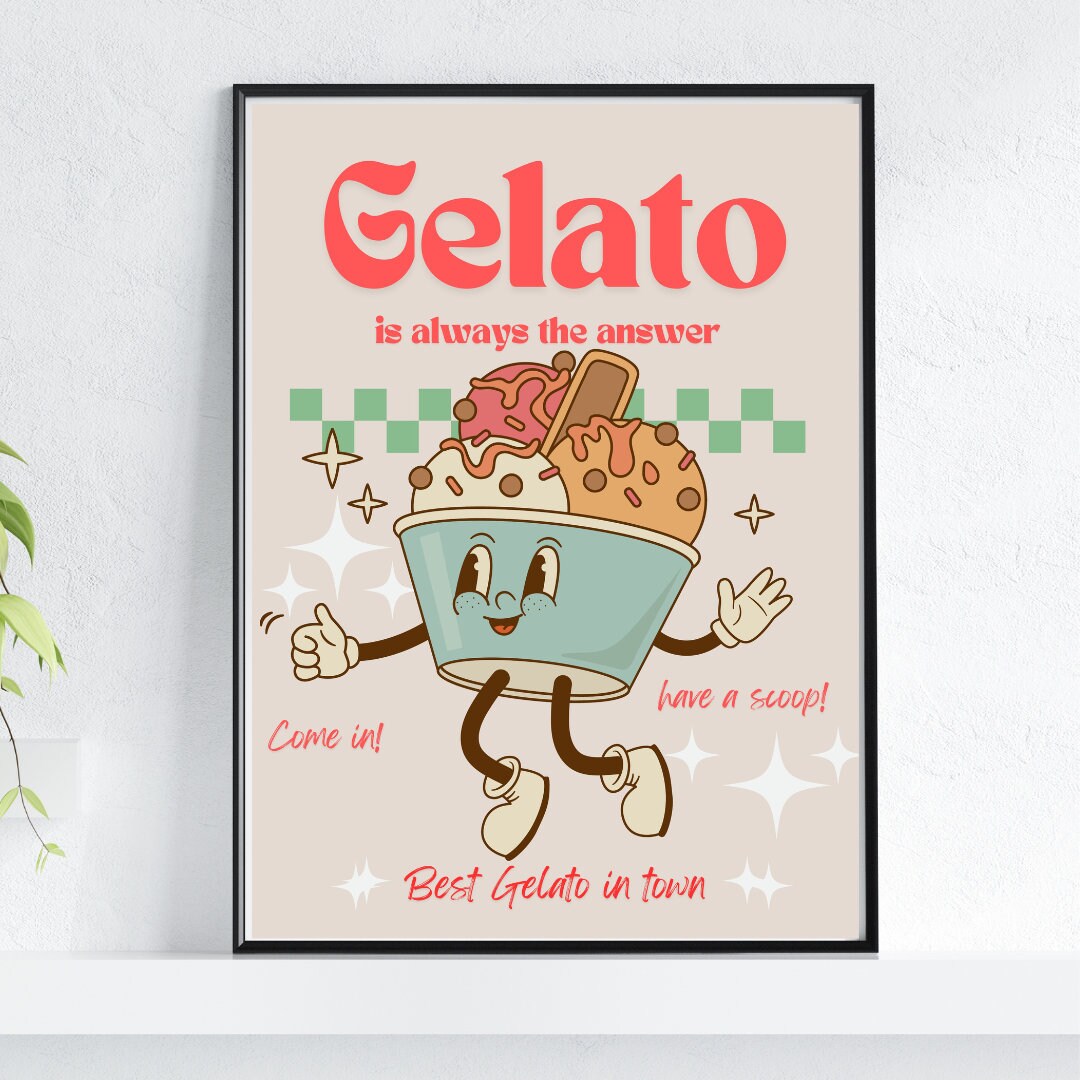 Retro Gelato Print, Funny Cartoon Art for Ice Cream Lovers, Vintage ...