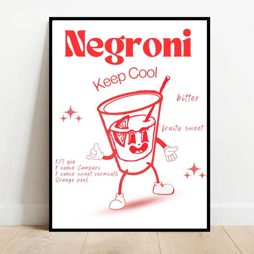 Retro Negroni Poster, Funny Cartoon Art, Vintage-inspired Cocktail ...