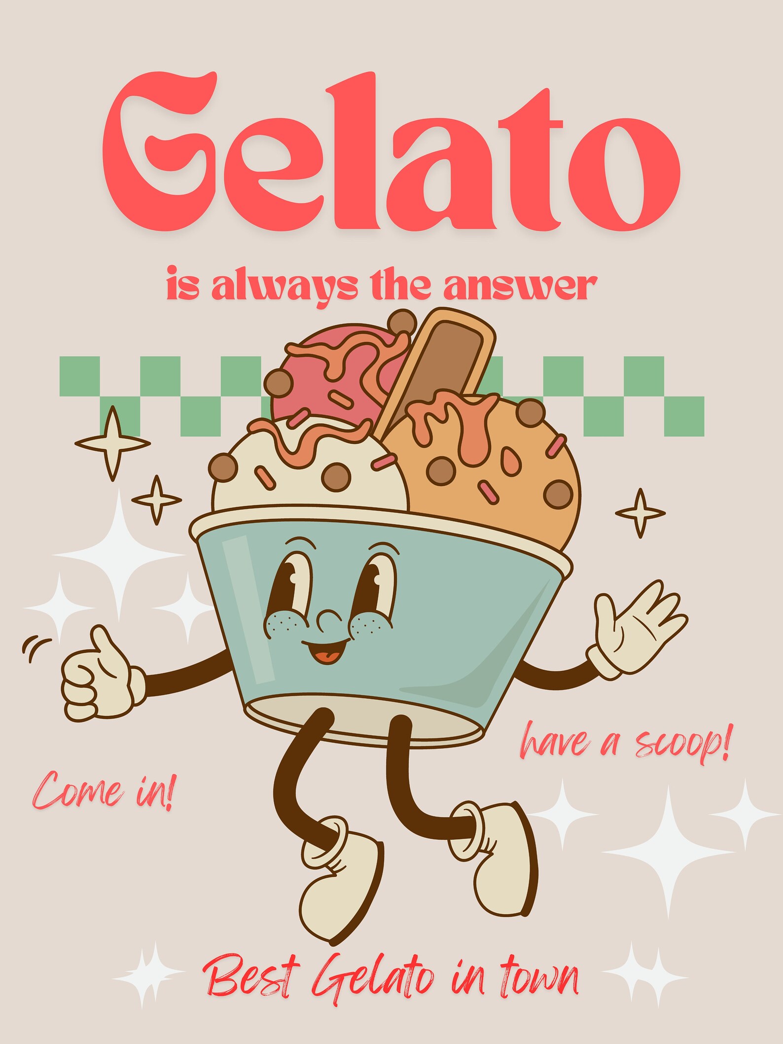 Retro Gelato Print, Funny Cartoon Art for Ice Cream Lovers, Vintage ...