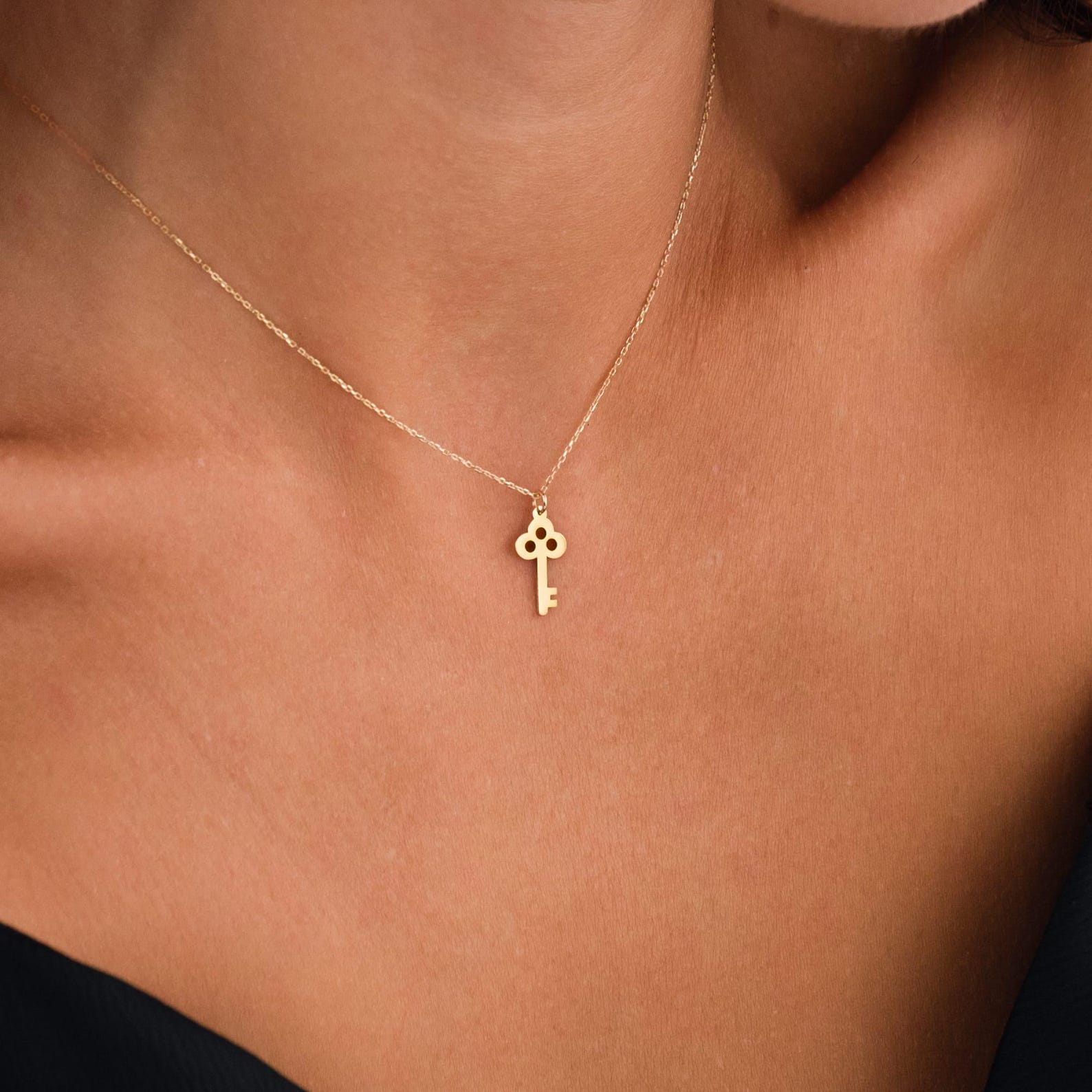14K Solid Gold Wish Key Necklace , Dainty Key Necklace , Key Pendant ...