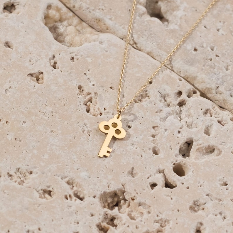 14K Solid Gold Wish Key Necklace , Dainty Key Necklace , Key Pendant ...