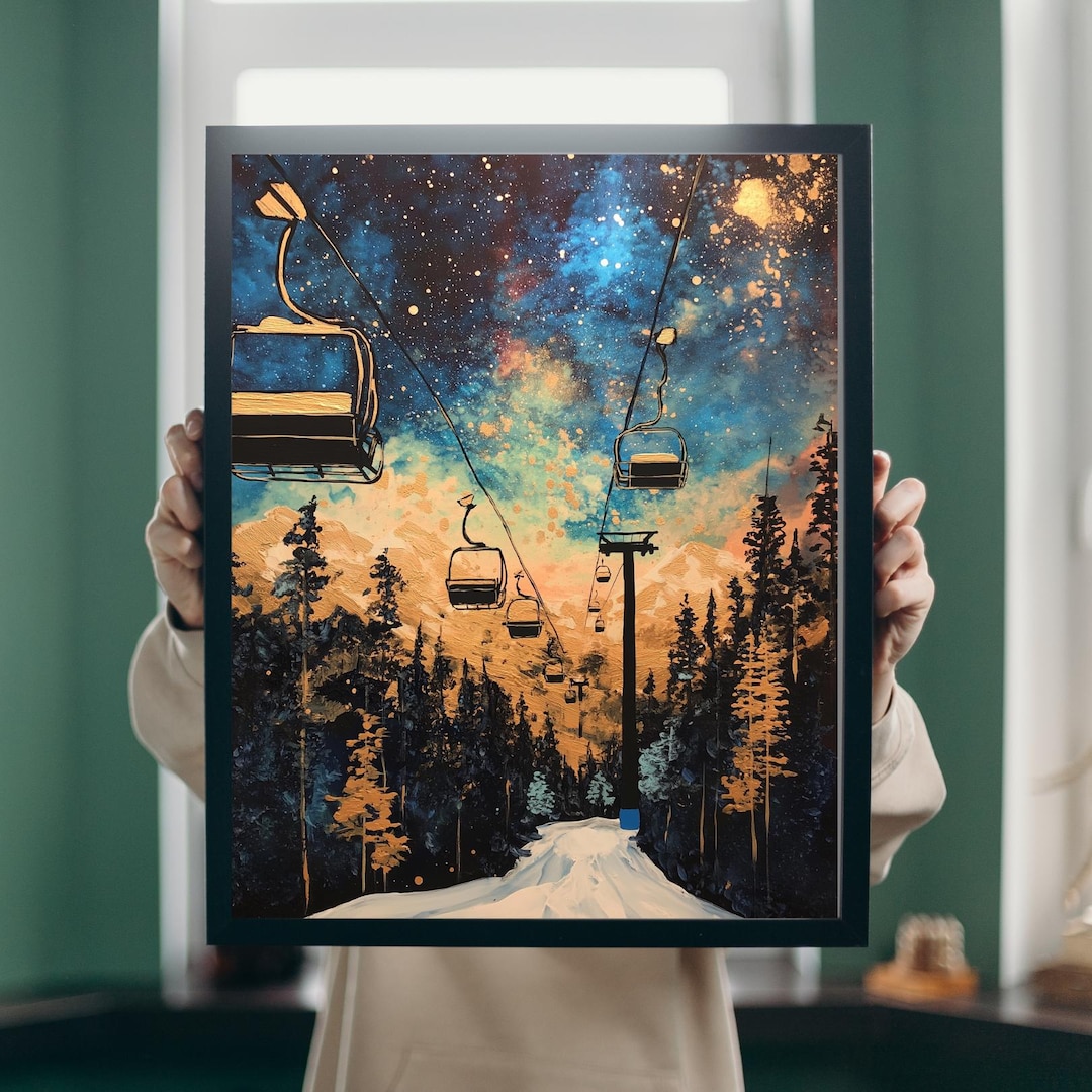 Starry Night Ski Lift Art Print: Gold Winter Landscape (digital ...