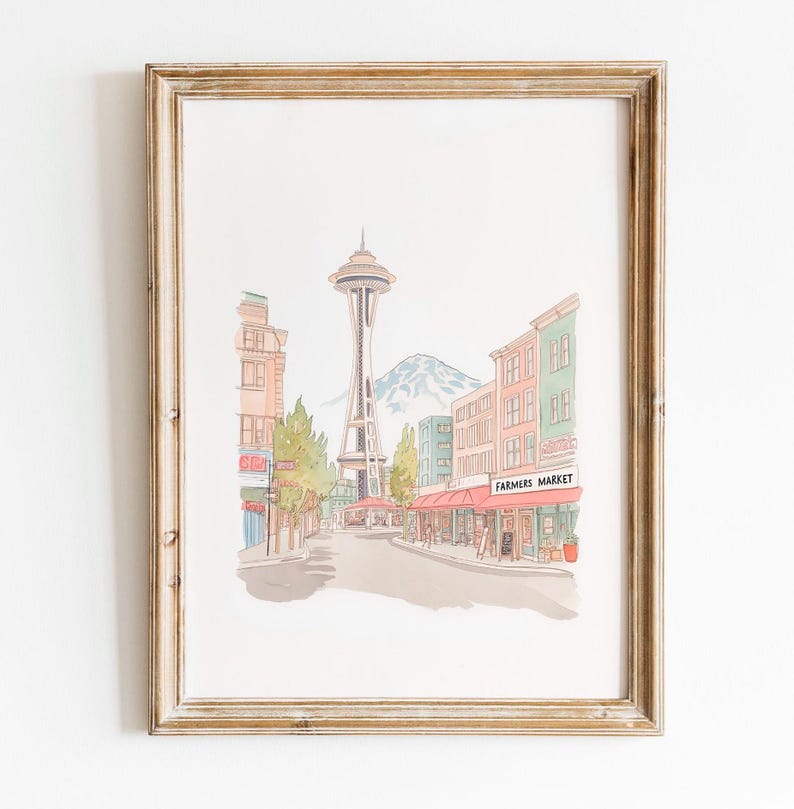 Seattle Skyline Watercolor Print: Space Needle & Pike Place Market ...