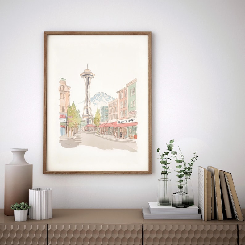 Seattle Skyline Watercolor Print: Space Needle & Pike Place Market ...