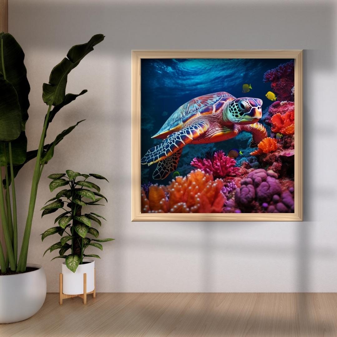 Sea Turtle Coral Reef Art: Mid-century Modern Ocean Print (digital ...