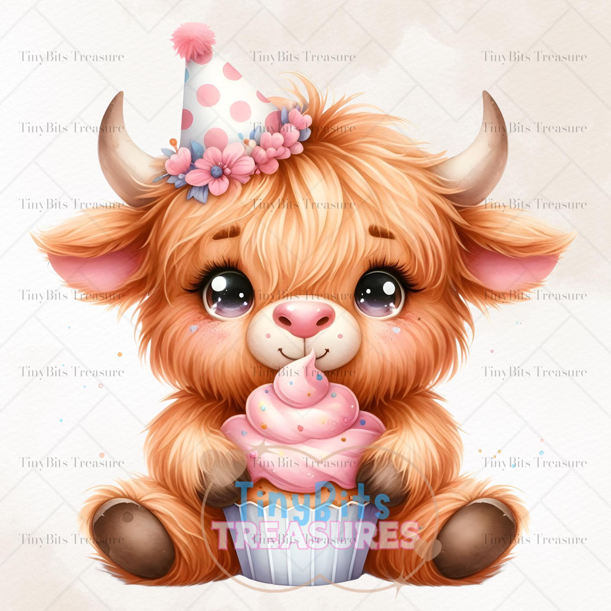 Highland Cow Birthday Clipart, 12 PNG Baby Cow, Birthday Animals ...