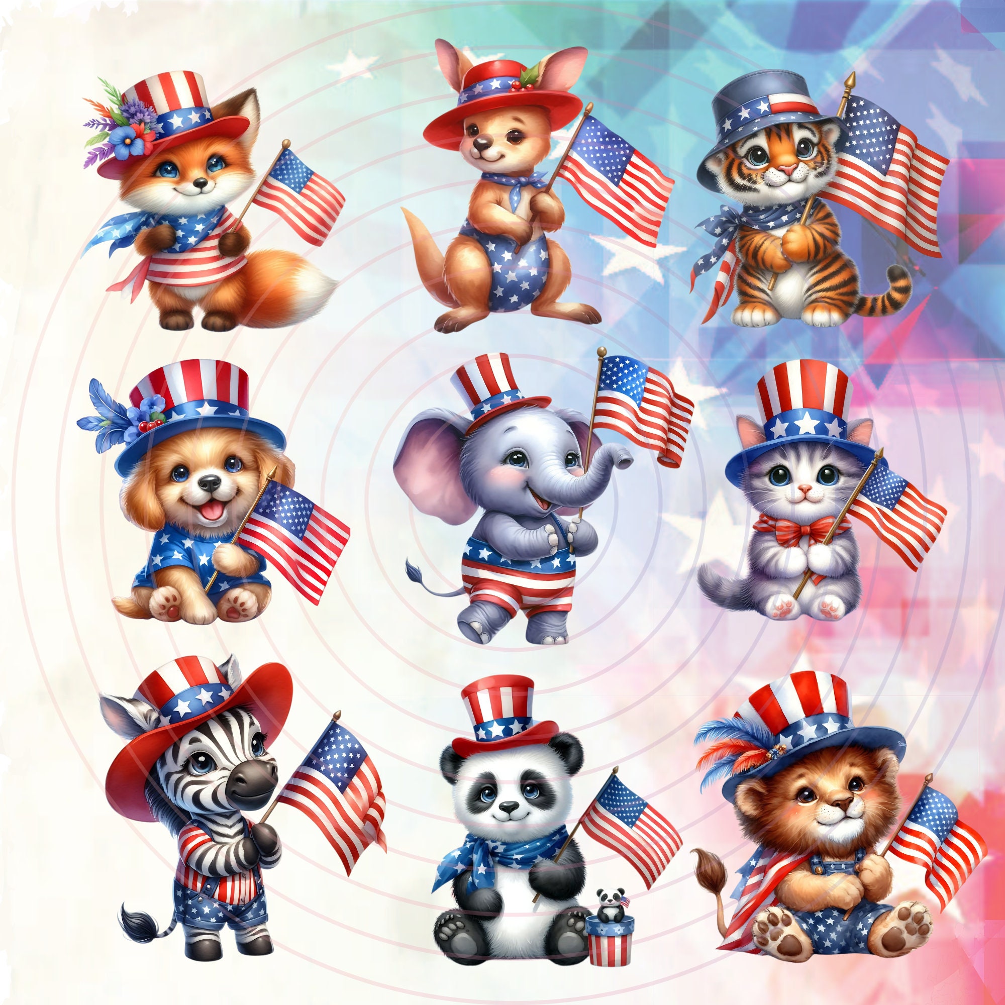 4th of July Animals Clipart Bundle, Watercolor Patriotic Animals ...
