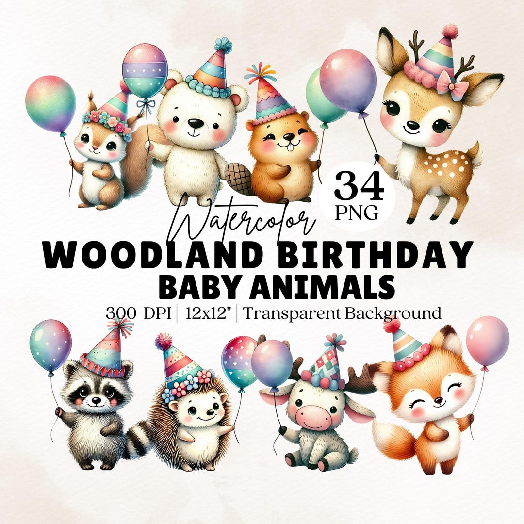 34 Woodland Birthday Baby Animals, Woodland Animals Baby, Watercolor ...