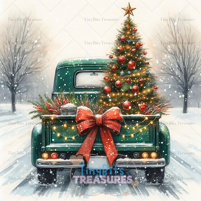 Watercolor Christmas Truck Clipart, 15 JPG Green Pick up Truck ...