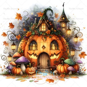 Whimsical Pumpkin House Clipart, 10 JPG Watercolor Halloween House ...
