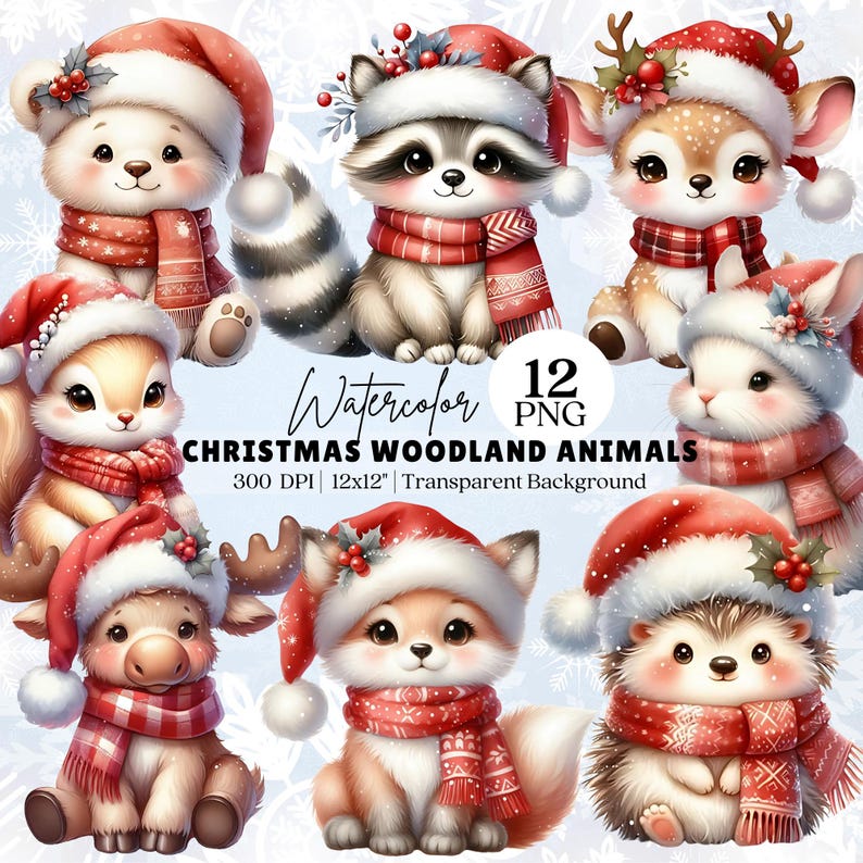 Watercolor Christmas Woodland Animals Clipart: PNG Images (digital ...