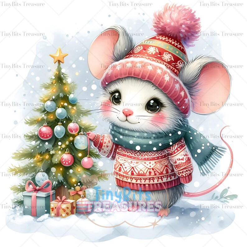Christmas Mouse Clipart, 15 JPG Watercolor Cute Mouse, Christmas Decor ...