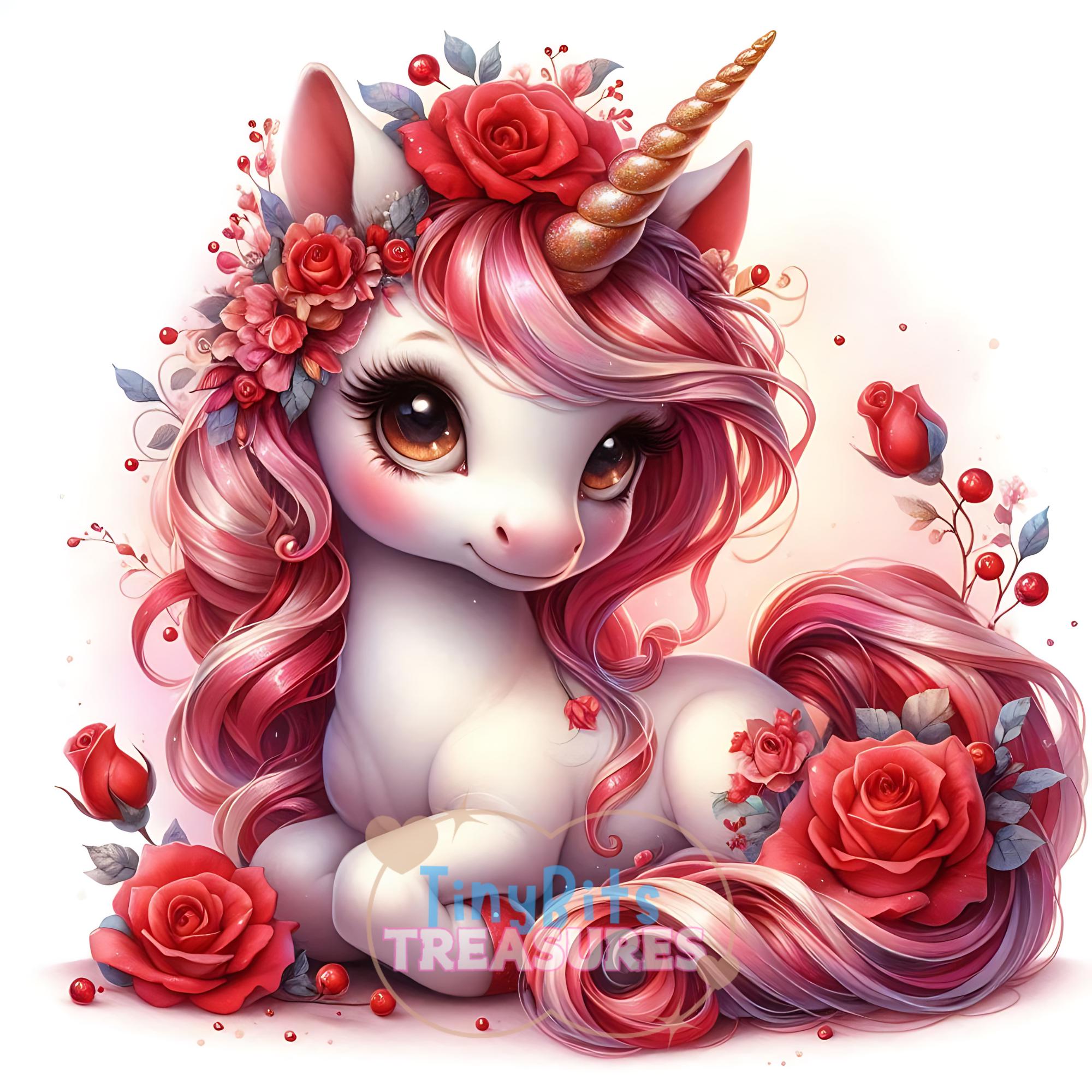 Red Rose Baby Unicorn Clipart, Cute Baby Unicorn JPG, Floral Unicorn ...